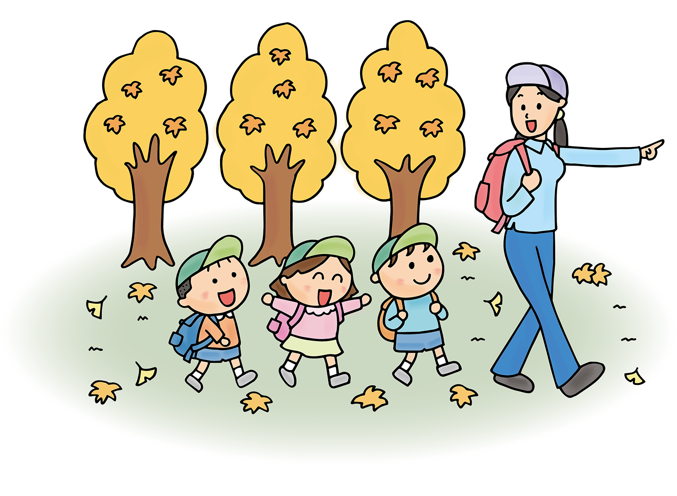 「紅葉の道を歩く先生と子供たち・秋遠足」のフリーイラスト | イラストわくわくBOX