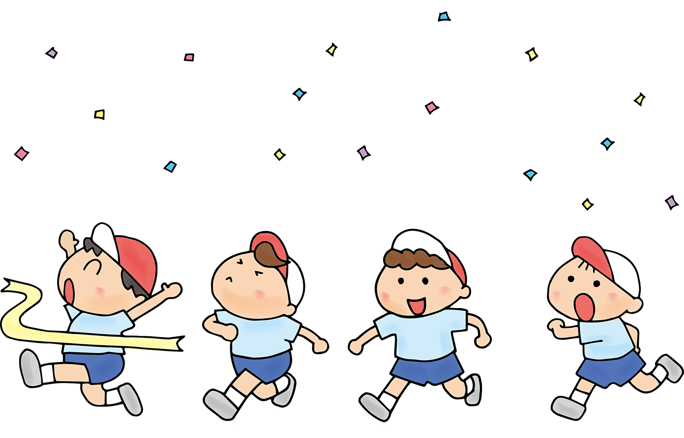 「かけっこでゴールする子供たち(横)・運動会」のフリーイラスト イラストわくわくbox