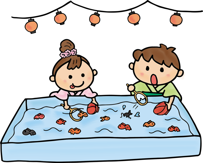 「金魚すくいをする子供たち(夏祭り)」のフリーイラスト イラストわくわくbox