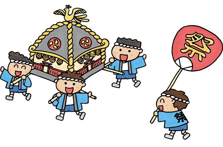 「お神輿を担ぐ子供たち(夏祭り)」のフリーイラスト イラストわくわくbox