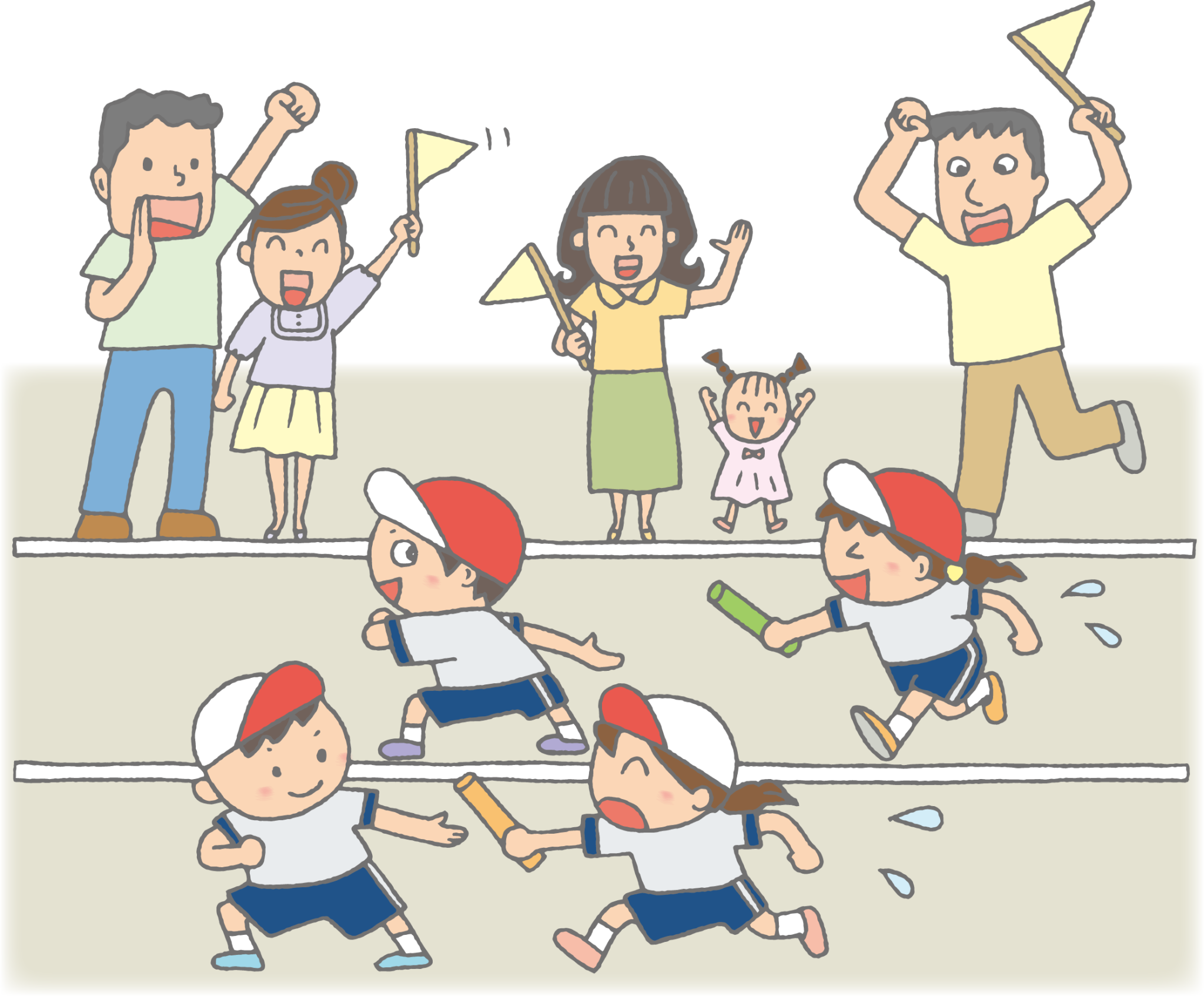 「運動会のリレーで盛り上がる園児や家族」のかわいい手書きフリーイラスト イラストわくわくbox