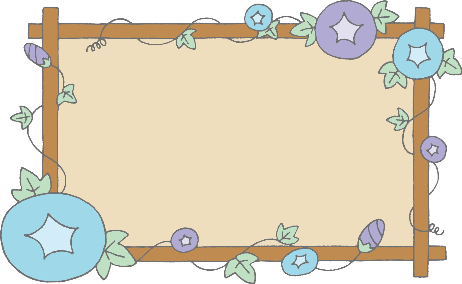 「木の板に絡むアサガオとツル」のフレーム素材・飾り枠フリーイラスト | イラストわくわくBOX